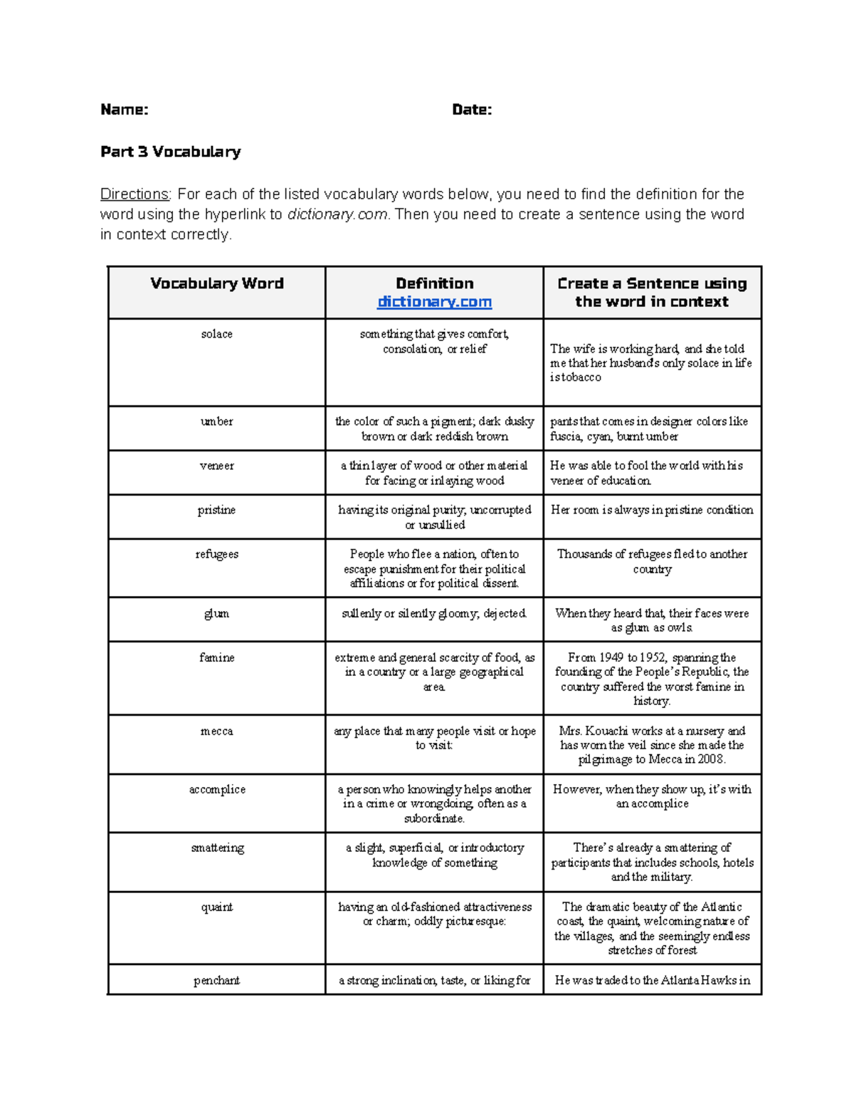 Unwind Vocabulary - Name: Date: Part 3 Vocabulary Directions: For each ...