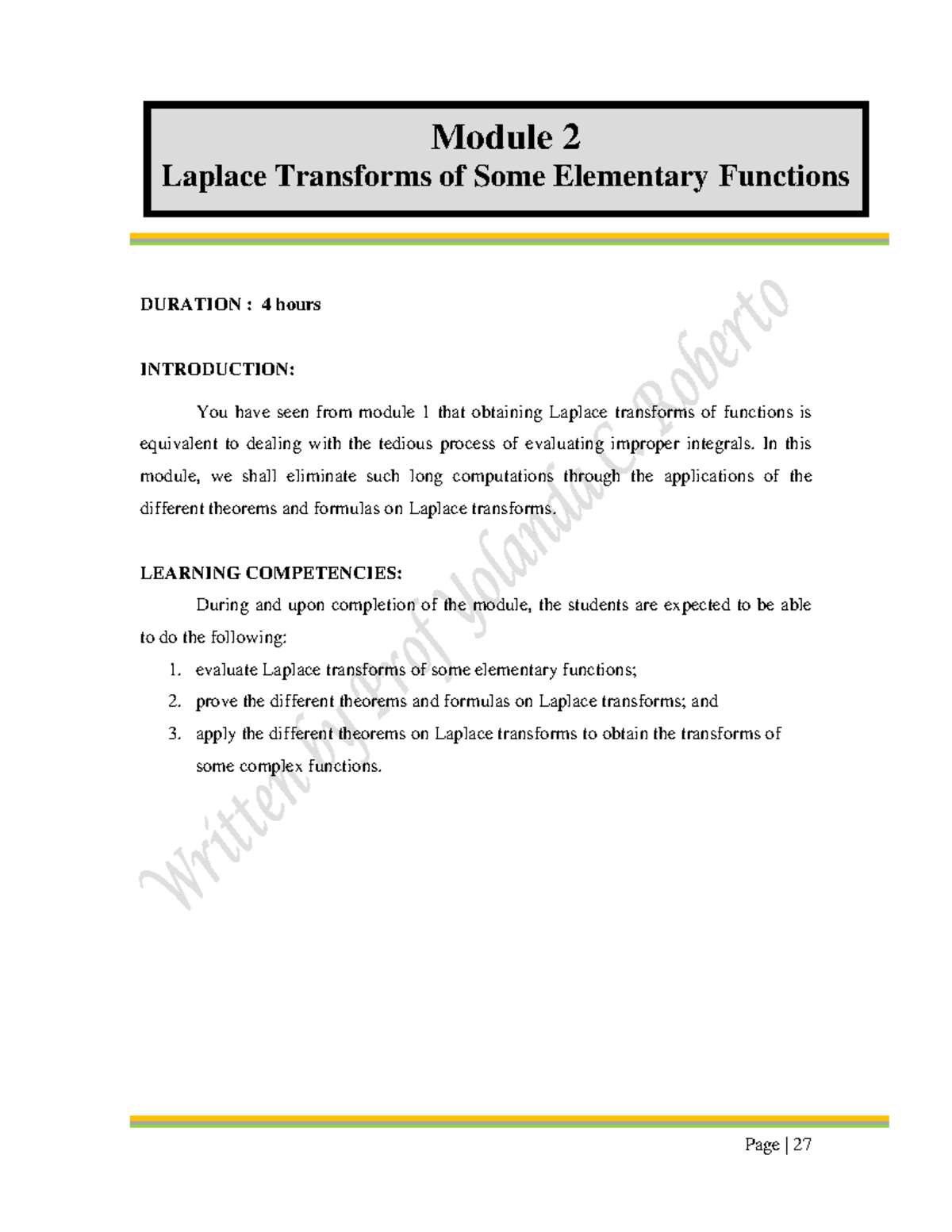 AC1 - Unit 1 Module 2 - Module 2 Laplace Transforms of Some Elementary ...