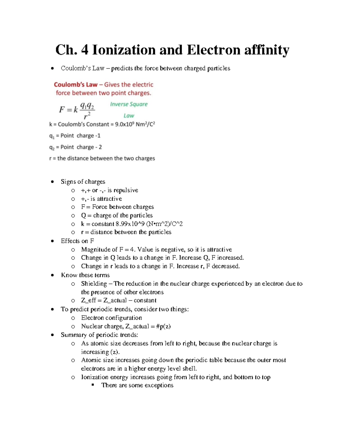 CHEM 1411 CH.4 notes - Ch. 4 Ionization and Electron affinity Coulomb’s ...