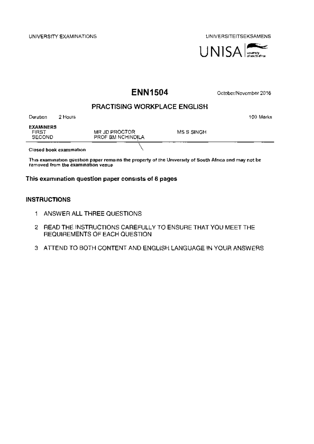 ENN1504 2016 10 E 1 - 2016 November exam - ENN1504 - Studocu