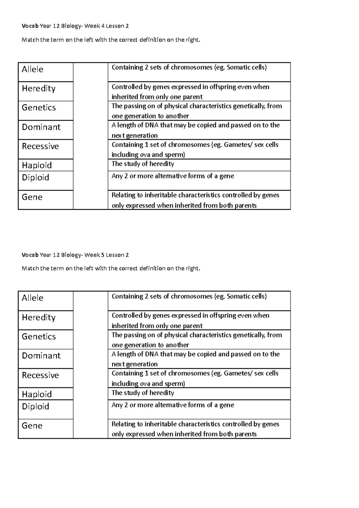 Week 4 - 2 vocab - Vocab Year 12 Biology- Week 4 Lesson 2 Match the ...