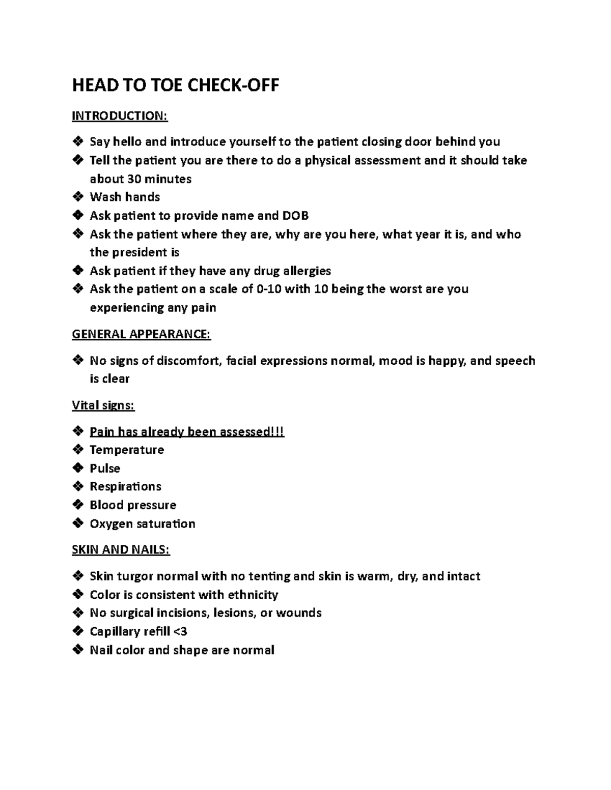 Amanda check off - head to toe assessment - HEAD TO TOE CHECK-OFF ...