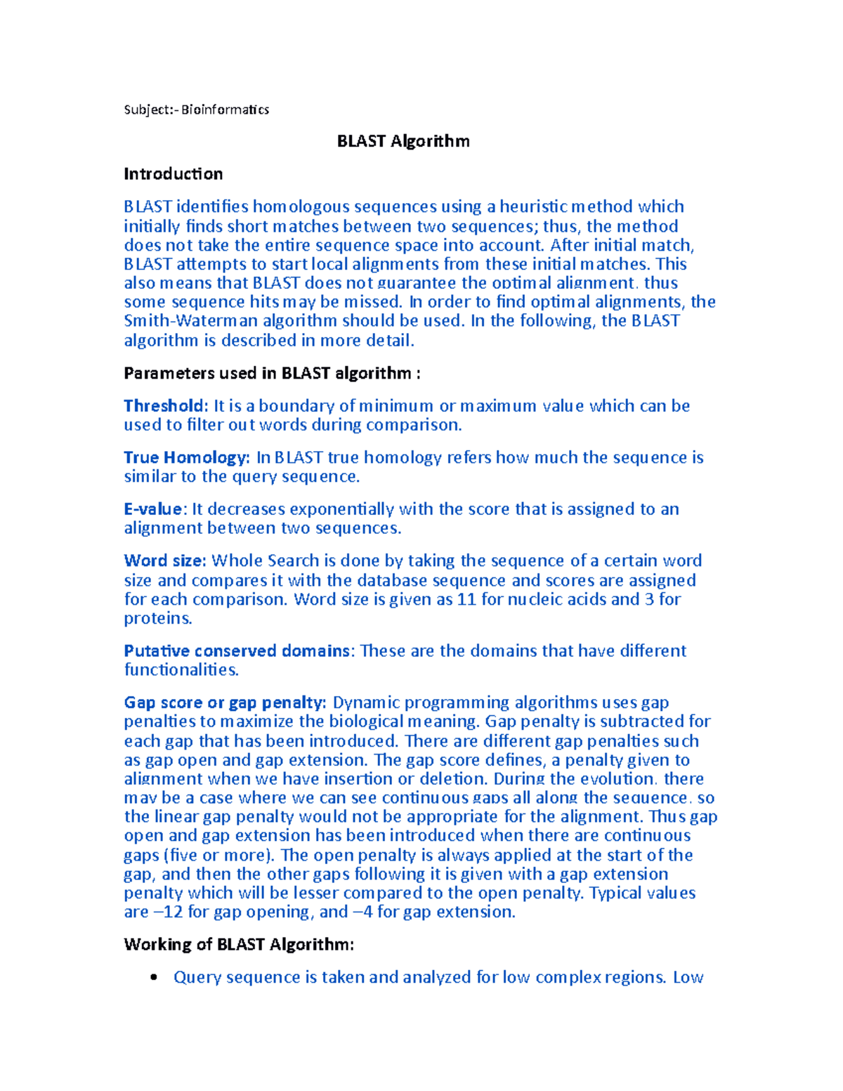 Blast Algorithm Subject Bioinformatics Blast Algorithm Introduction Blast Identifies 