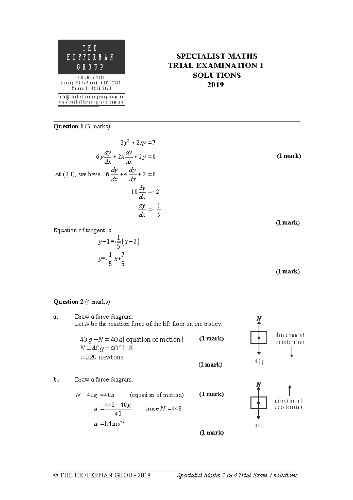 2019 Specialist Maths Units 3 & 4 Exam 1 solutions - SPECIALIST MATHS ...