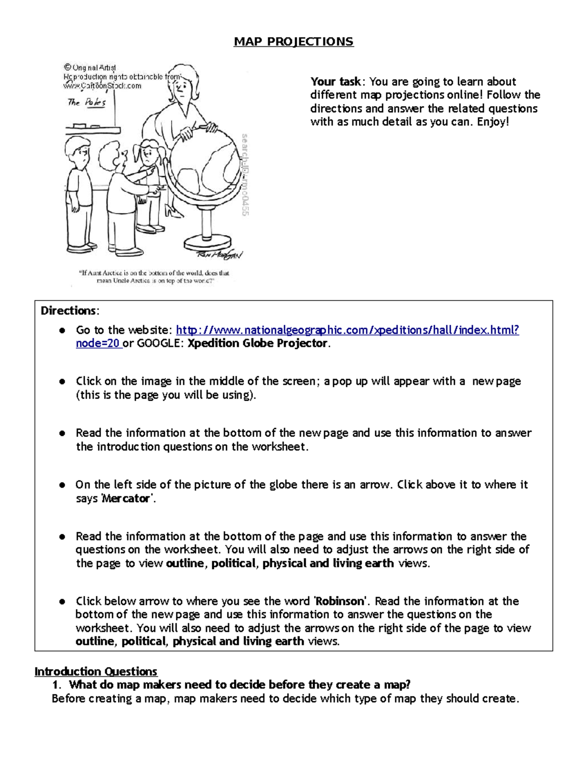 Map Projection Worksheet on various map projection types - MAP ...