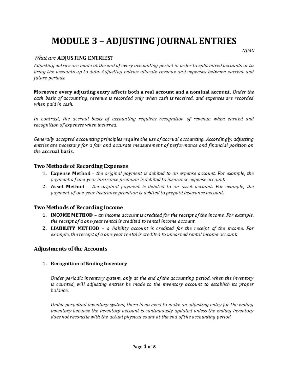 Module 3 - Adjusting Journal Entries - MODULE 3 – ADJUSTING JOURNAL ENTRIES NJMC What are ...