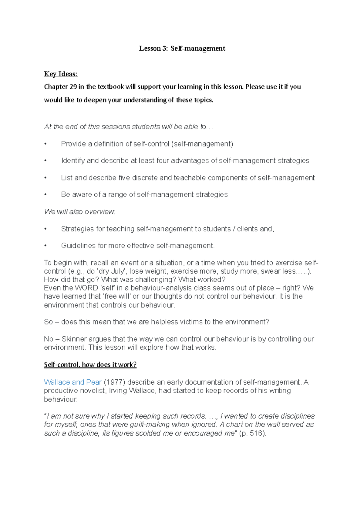 Lesson 3 - Self Management - Lesson 3: Self-management Key Ideas ...