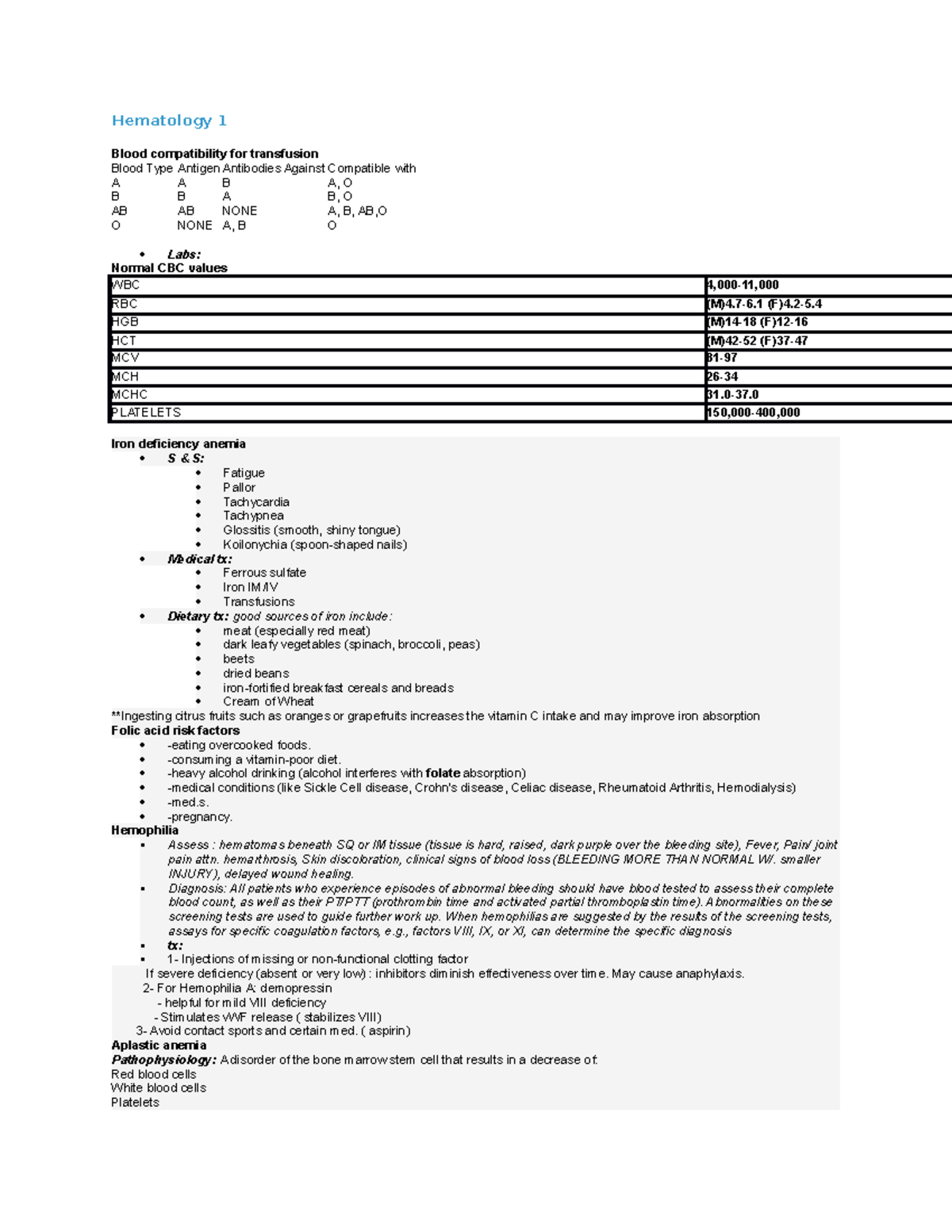 Caifa Hema and Hepa notes - Hematology 1 Blood compatibility for ...