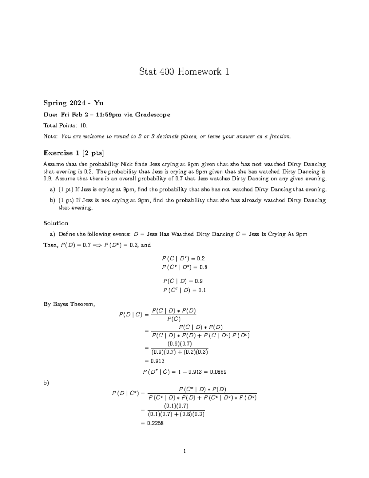 S24 Hw1 solutions - homework - Stat 400 Homework 1 Spring 2024 - Yu Due ...