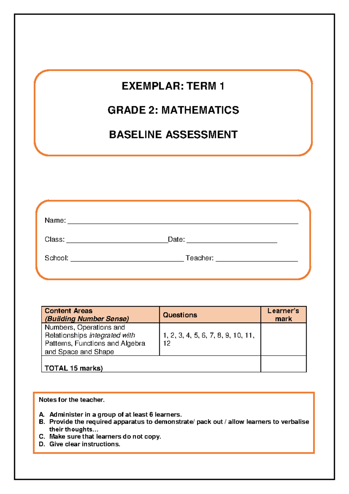 2024 Exemplar English Gr2T1 Maths Baseline Assessment - Content Areas ...