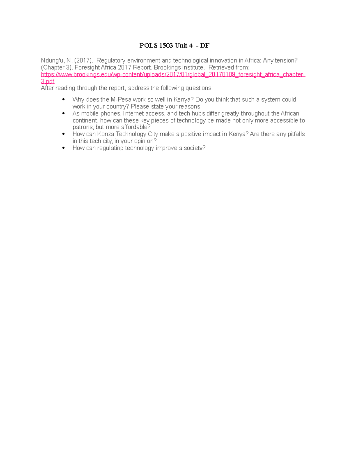 POLS 1503 Unit 4 - Discussion Assignment - POLS 1503 Unit 4 - DF Ndung'u, N. (2017). Regulatory ...