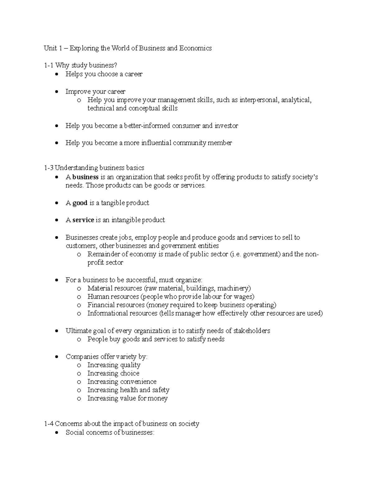MGMT 2150 Units 1-3 - Unit 1 – Exploring the World of Business and ...