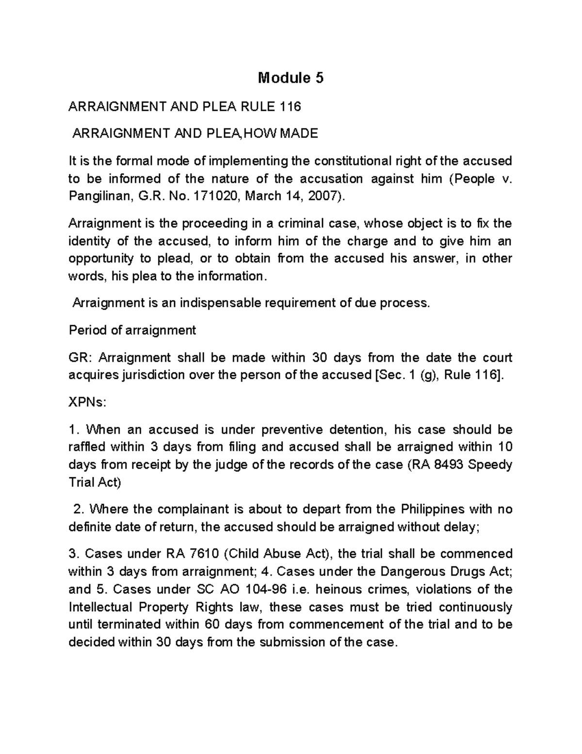 Rule 116 Concepts - Summary Evidence - Module 5 ARRAIGNMENT AND PLEA RULE 116 ARRAIGNMENT AND ...
