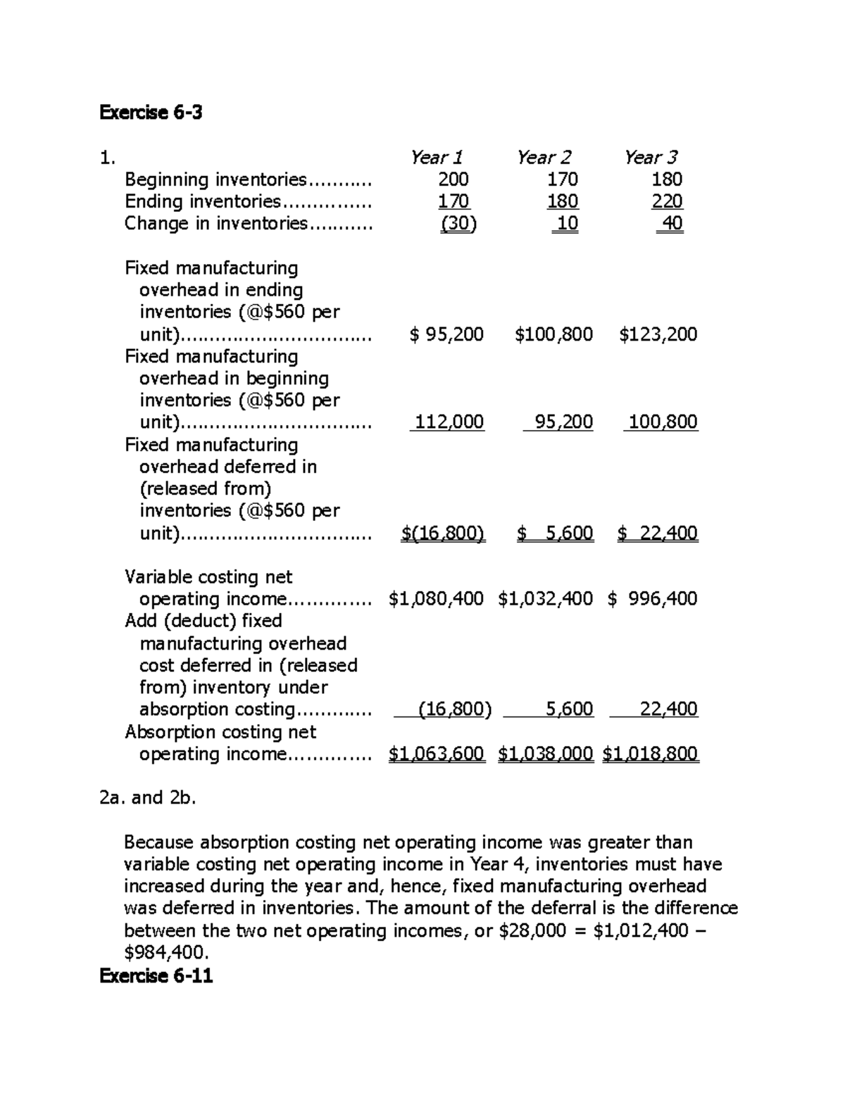Variable costing solution to problems - Exercise 6- 1. Year 1 Year 2 Year 3 Beginning - Studocu