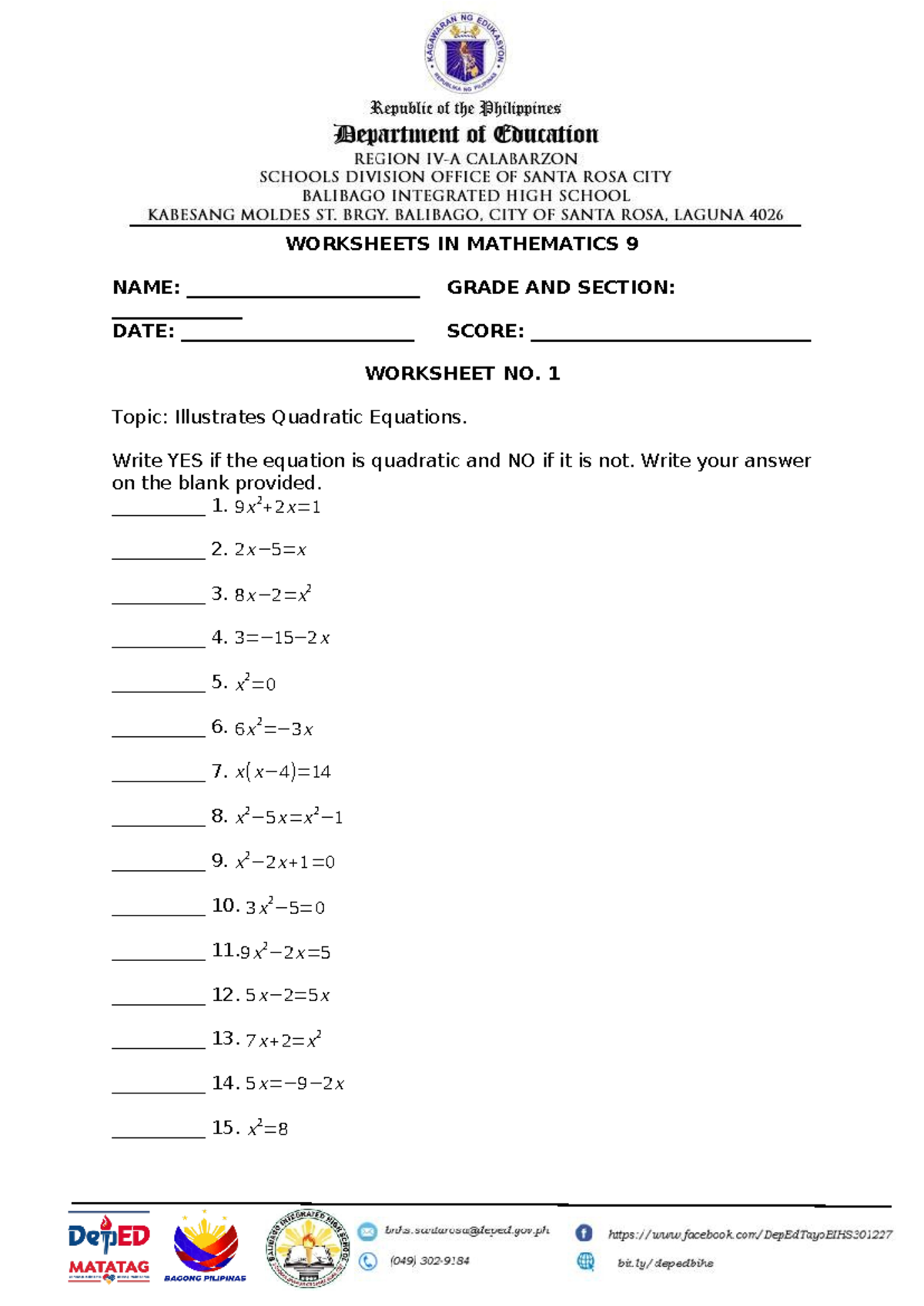MATH 9 Worksheet 1 - math activities - WORKSHEETS IN MATHEMATICS 9 NAME