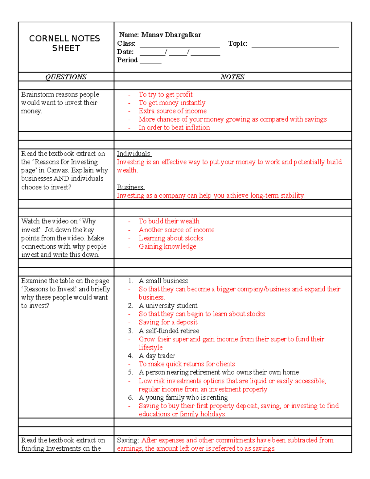Reasons and funding investment Cornell Notes - CORNELL NOTES SHEET Name ...