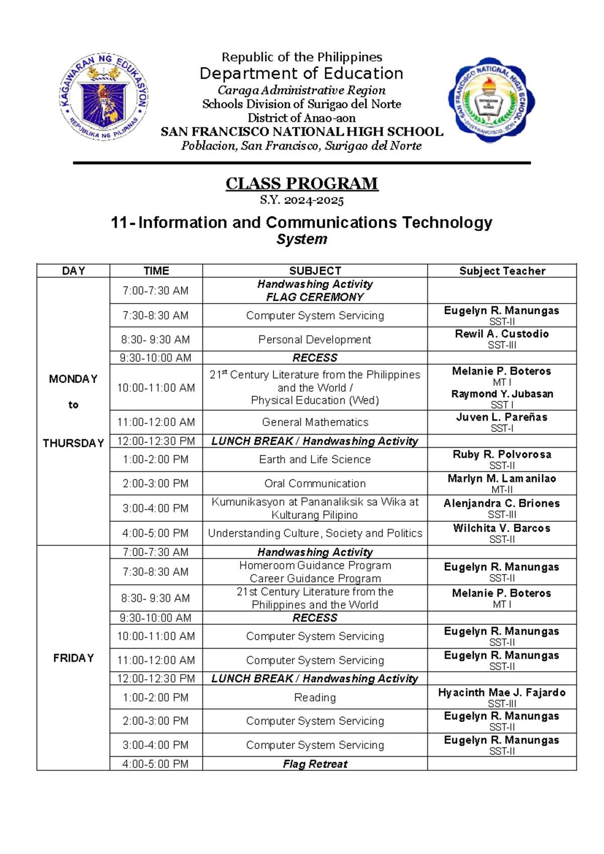 Class-Program 2024-2025 - Republic of the Philippines Department of ...