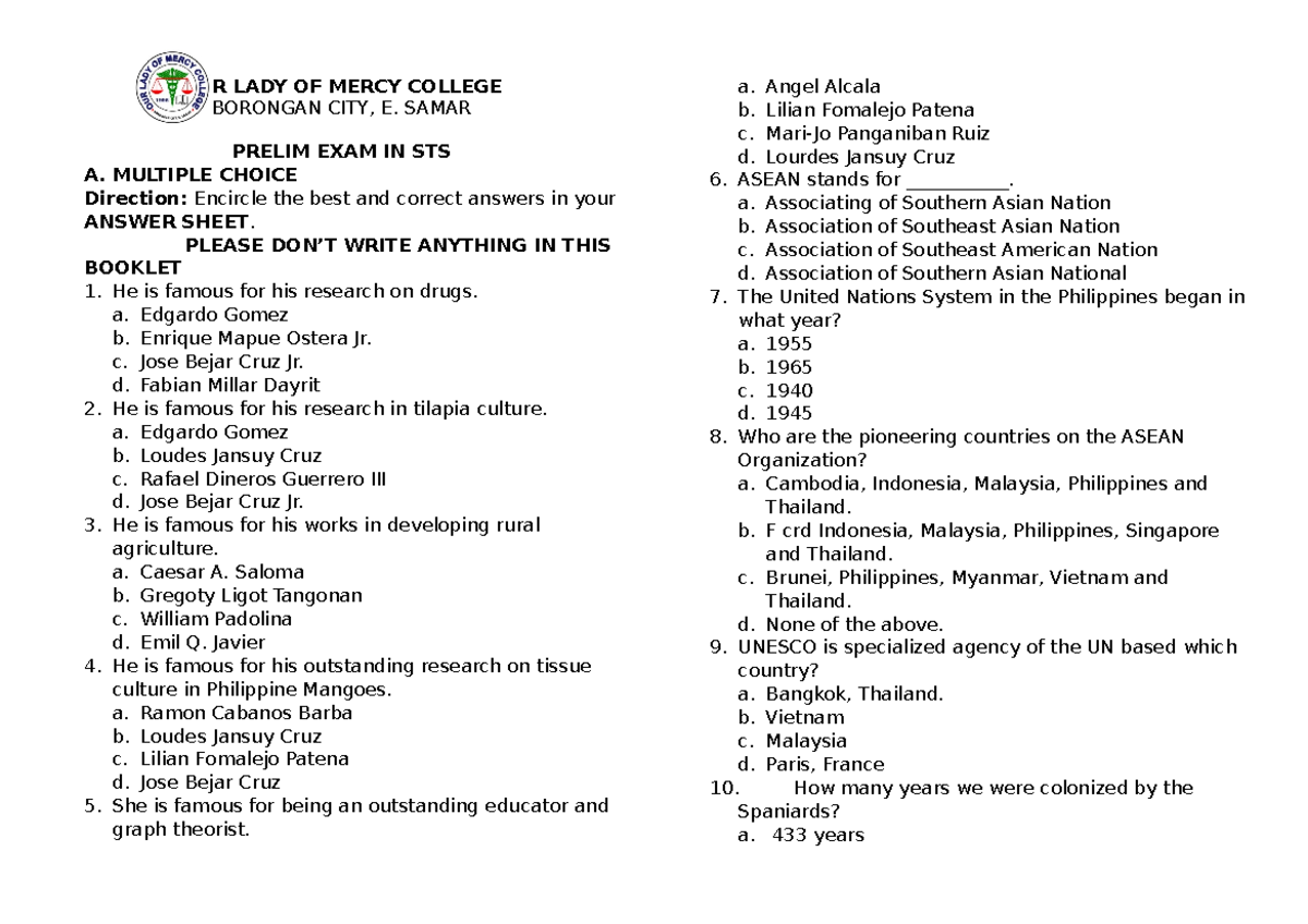 Prelim STS TEST Questions - OUR LADY OF MERCY COLLEGE BORONGAN CITY, E ...