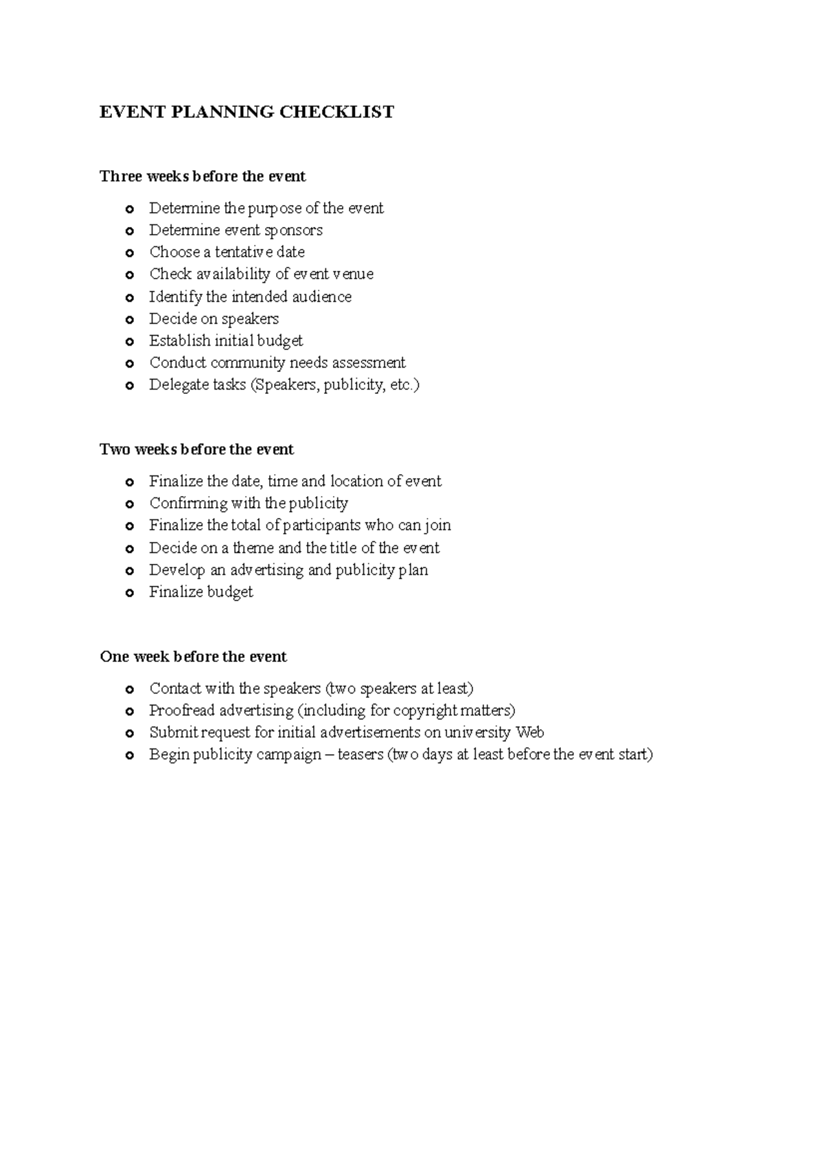 Event Planning Checklist - EVENT PLANNING CHECKLIST Three weeks before ...