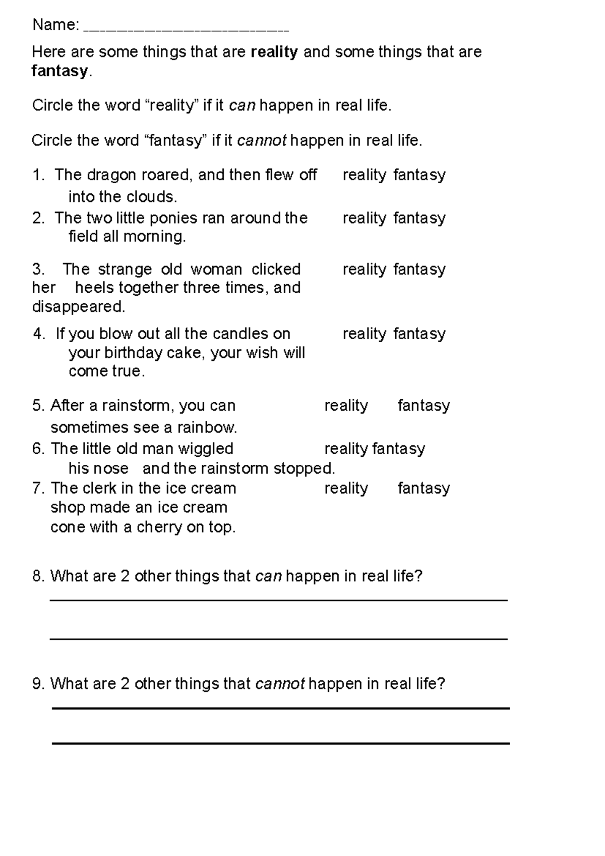 Worksheet english 4 reality fantasy - Name ...