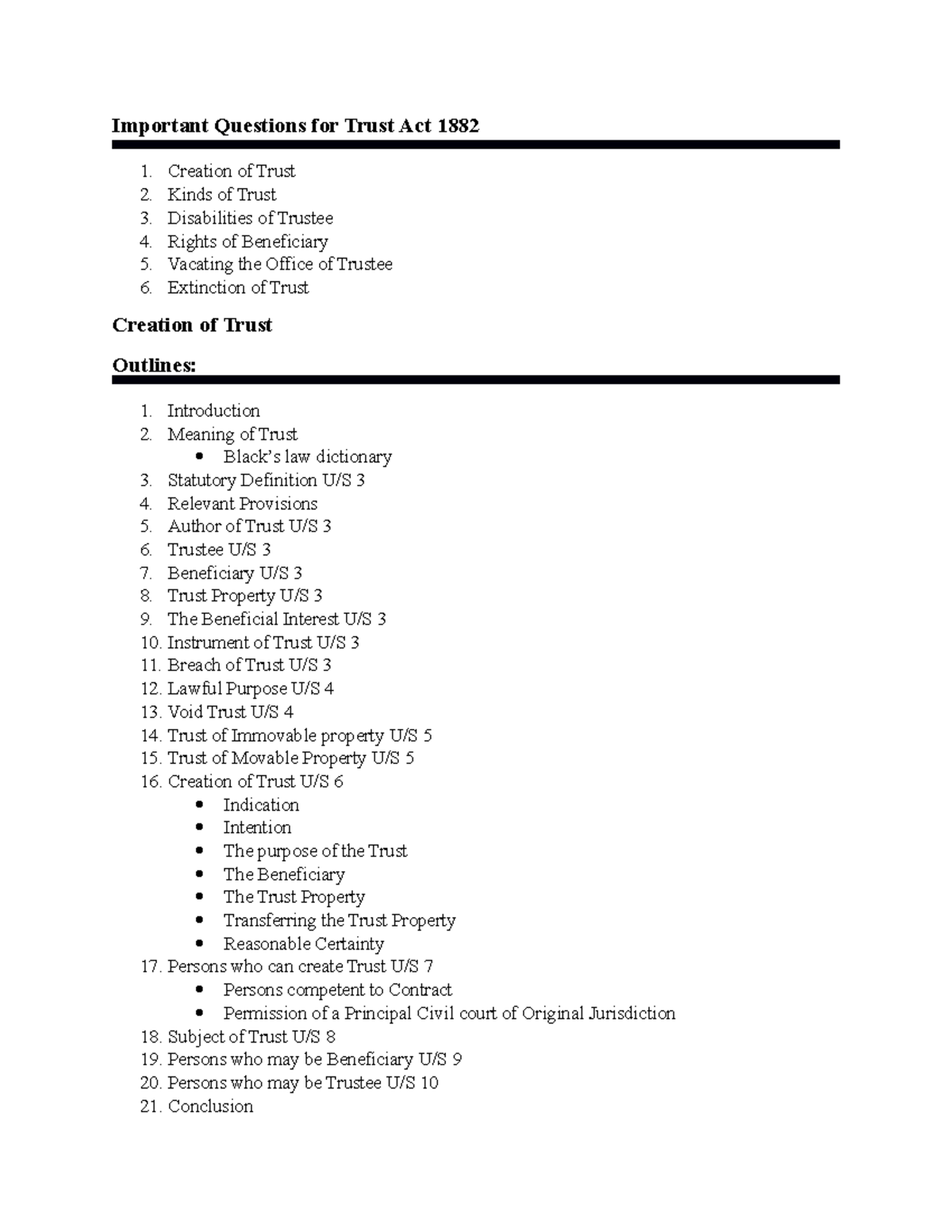 Trust Act paper preparation - Important Questions for Trust Act 1882 1 ...