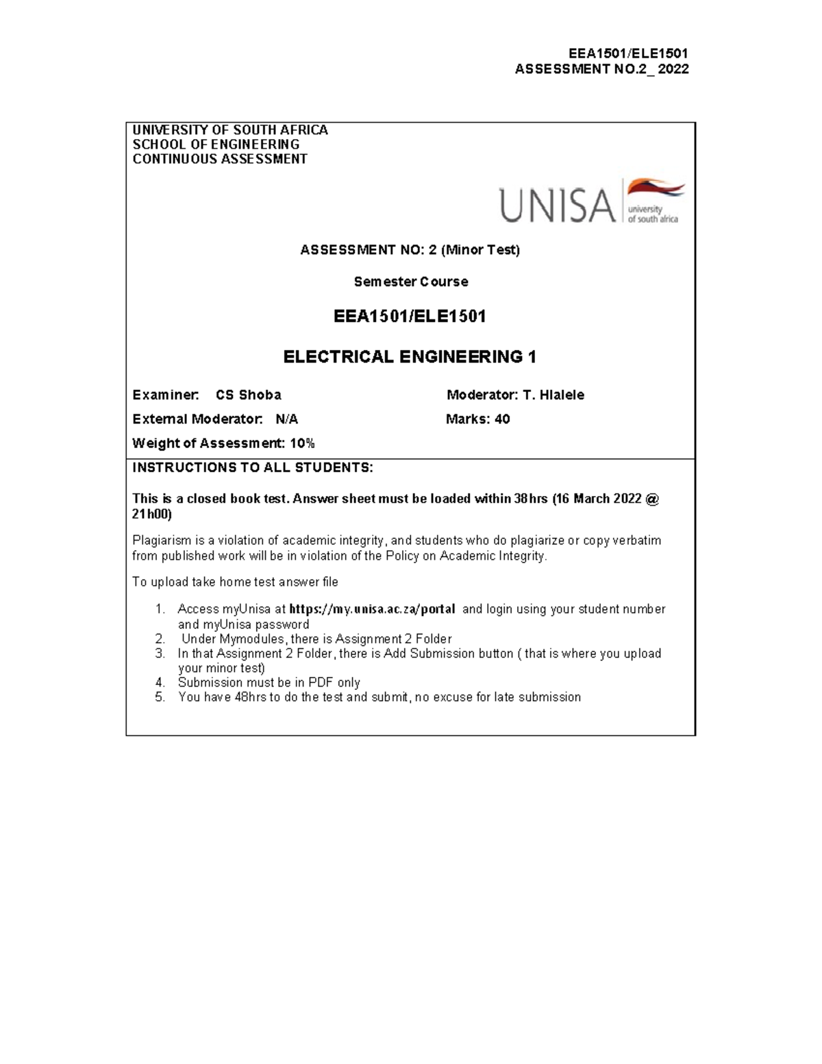 EEA1501 ELE1501 2022 Minor Test 1 Question Paper - ASSESSMENT NO ...