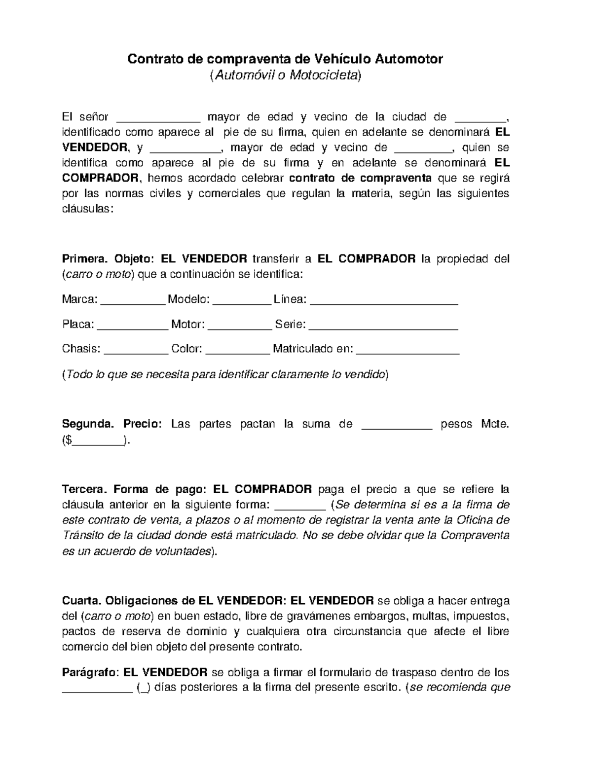 Contrato compraventa de carro y moto - Contrato de compraventa de ...