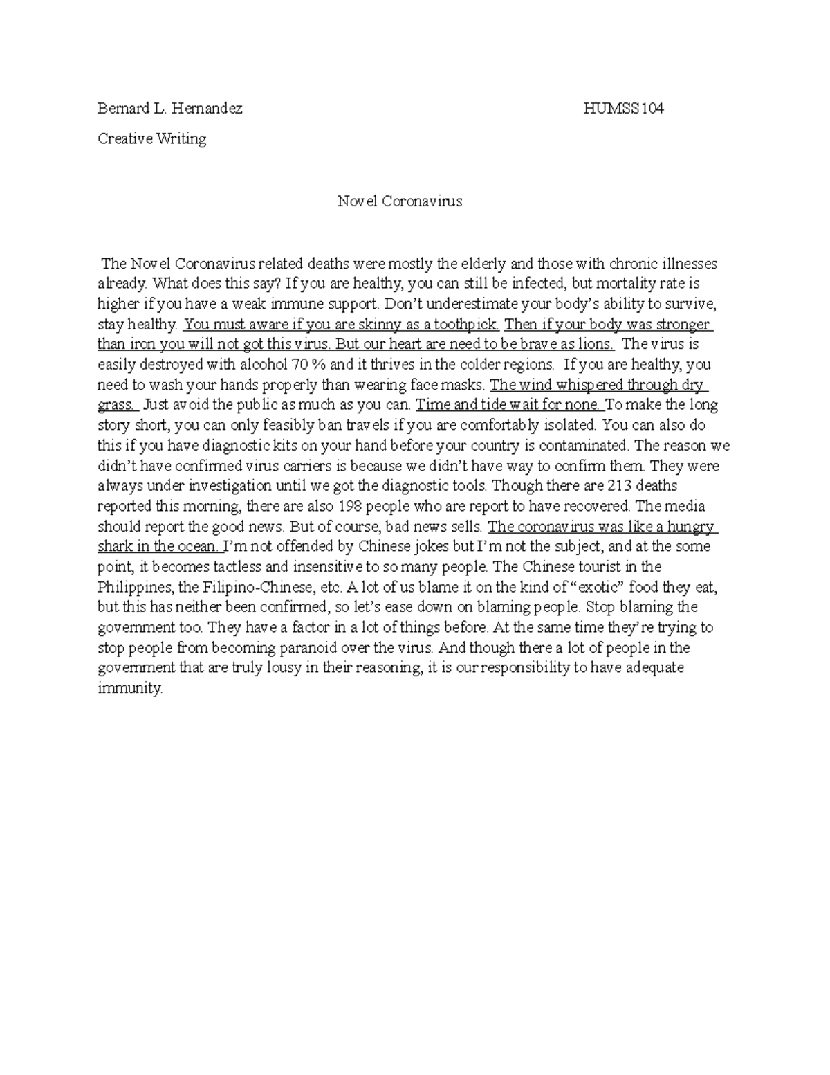Coronavirusg 111 - COVID - Bernard L. Hernandez HUMSS Creative Writing ...