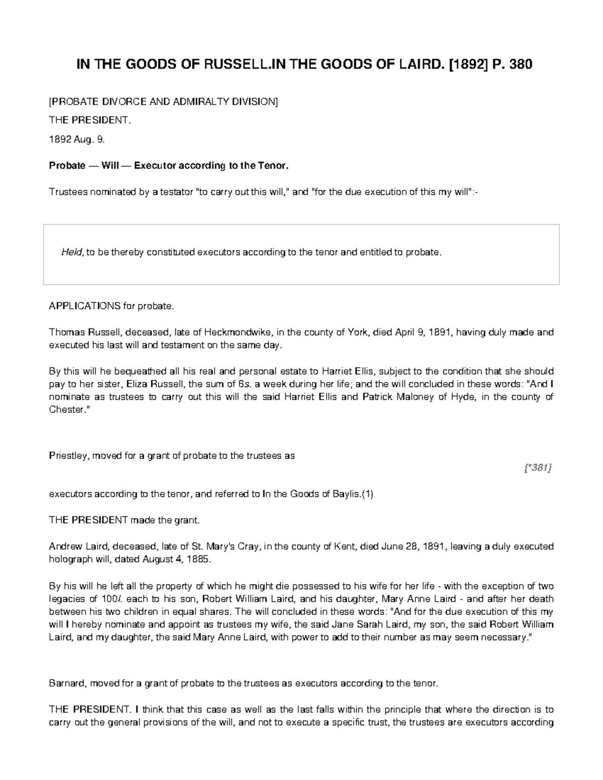 IN THE Goods OF Russell.IN THE Goods OF Laird. [1892] P - Law of ...