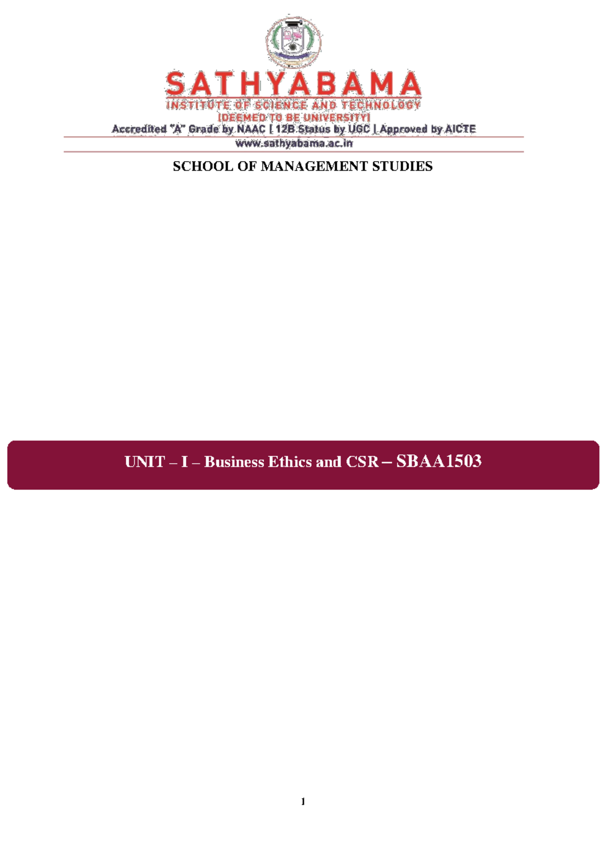 Business Ethics Study Guide - SCHOOL OF MANAGEMENT STUDIES UNIT – I ...