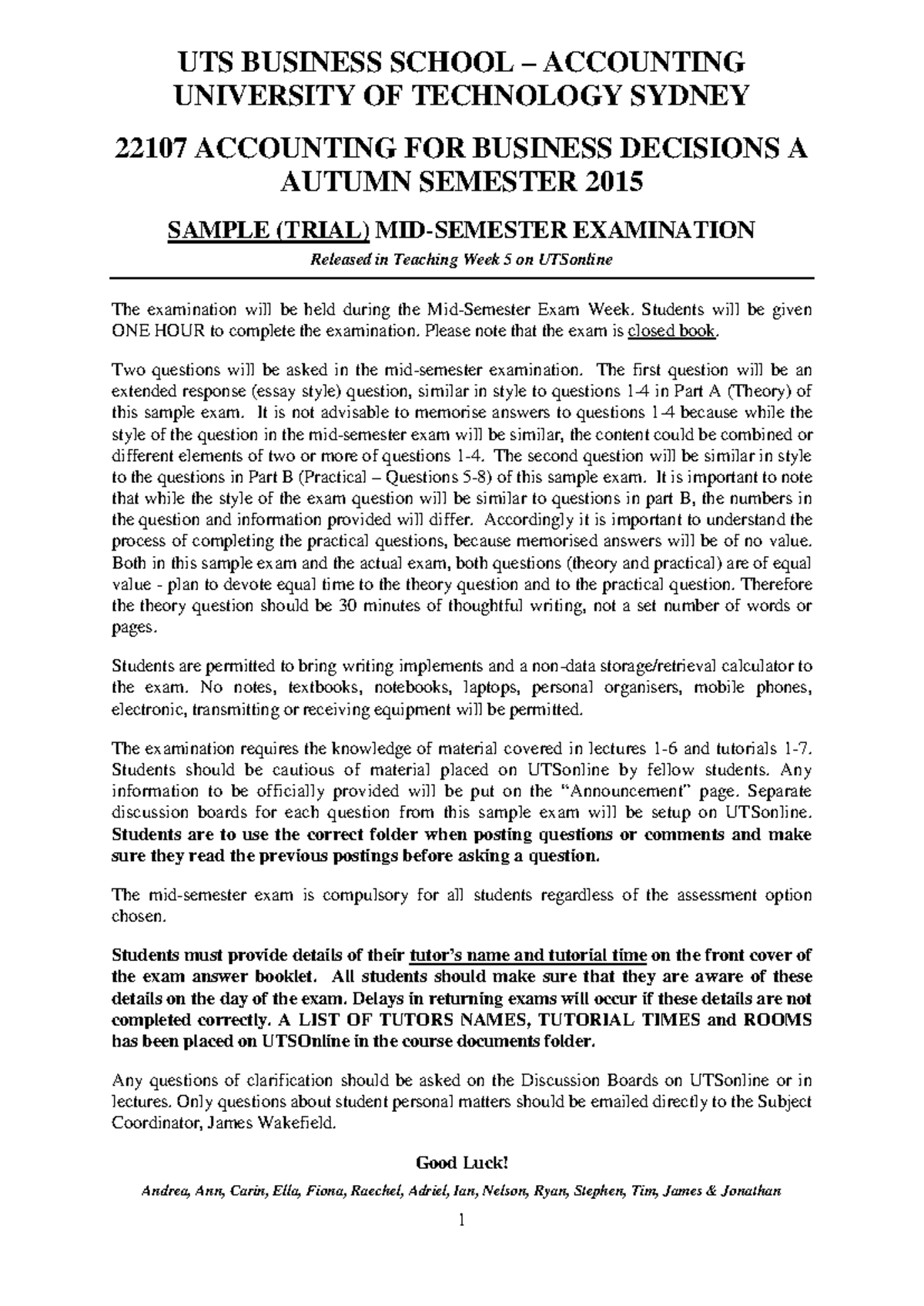 Midterm exam 2015, questions - UTS BUSINESS SCHOOL – ACCOUNTING ...