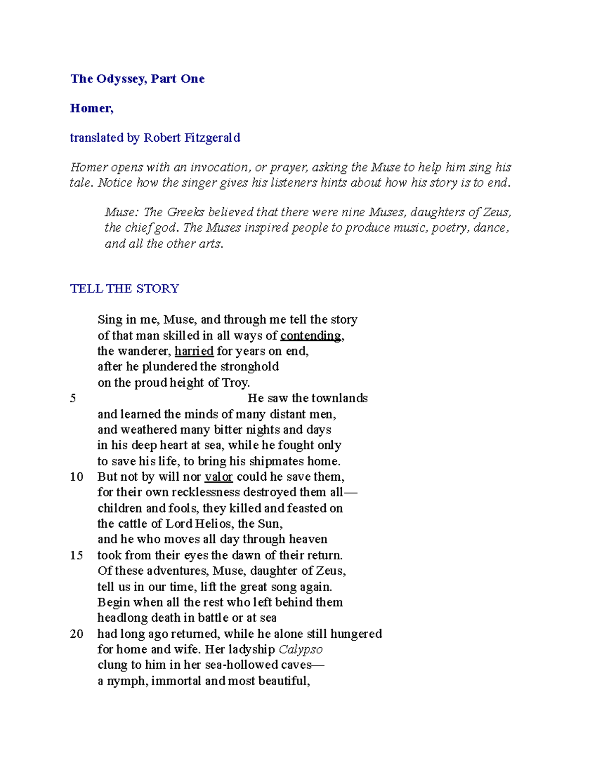 Copy of ENG 9: The Odyssey Part I Text - The Odyssey, Part One Homer ...