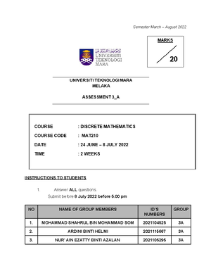 Assessment 3 Group Report - 1 COURSE/ CODE : DISCRETE MATHEMATICS/MAT ...