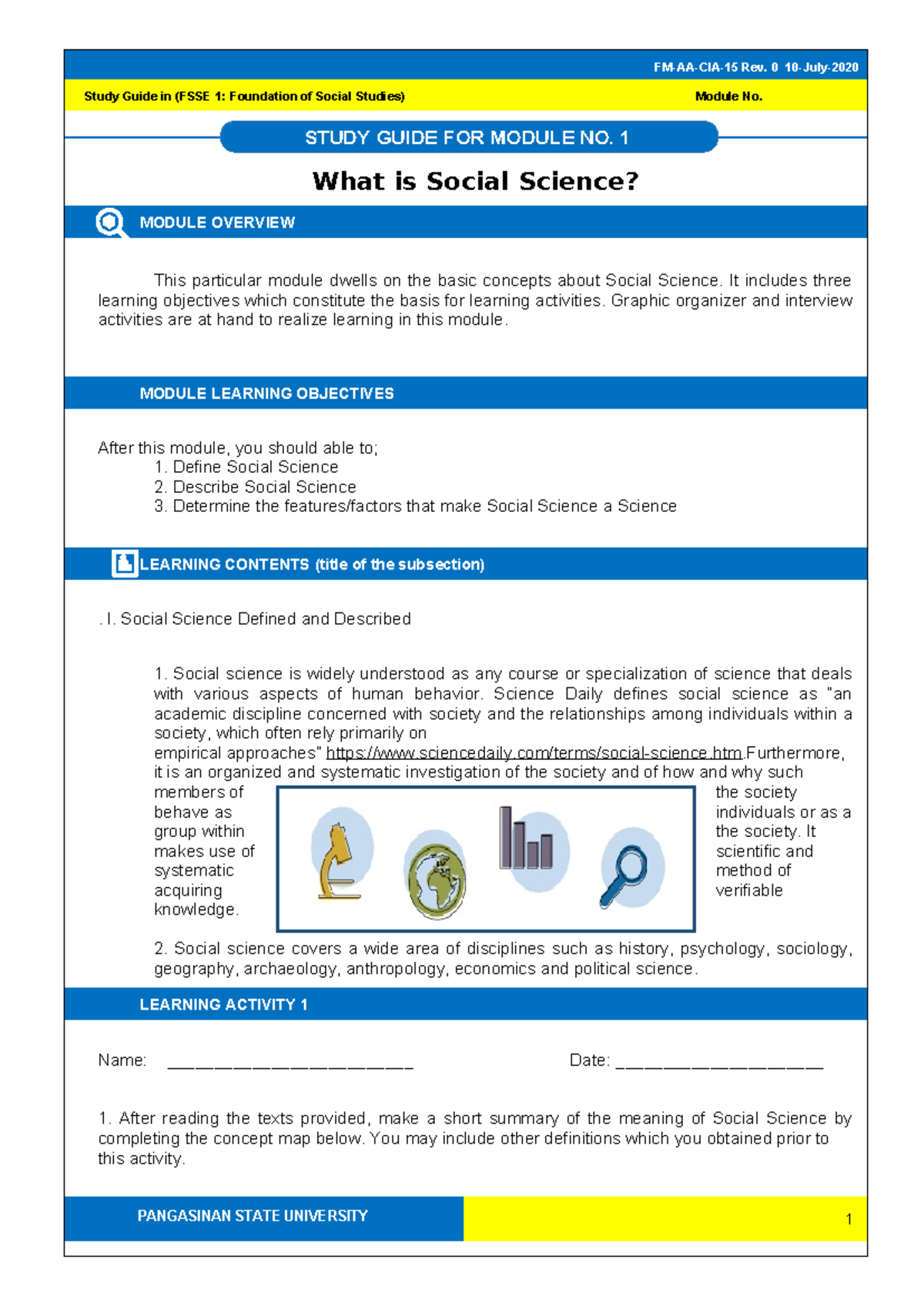 FSSE-SG-1 - Ge 1 - STUDY GUIDE FOR MODULE NO. 1 PANGASINAN STATE UNIVERSITY Study Guide in (FSSE ...