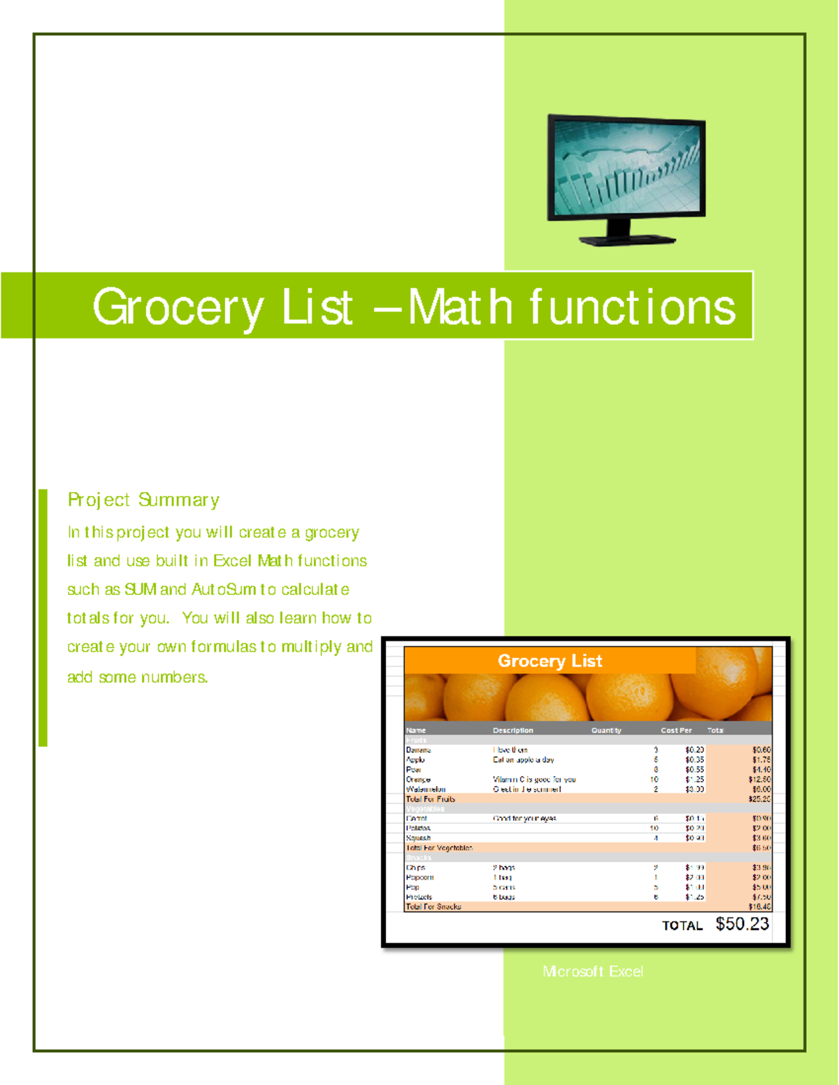 Instructions Grocery List - Microsoft Excel Grocery List – Math ...