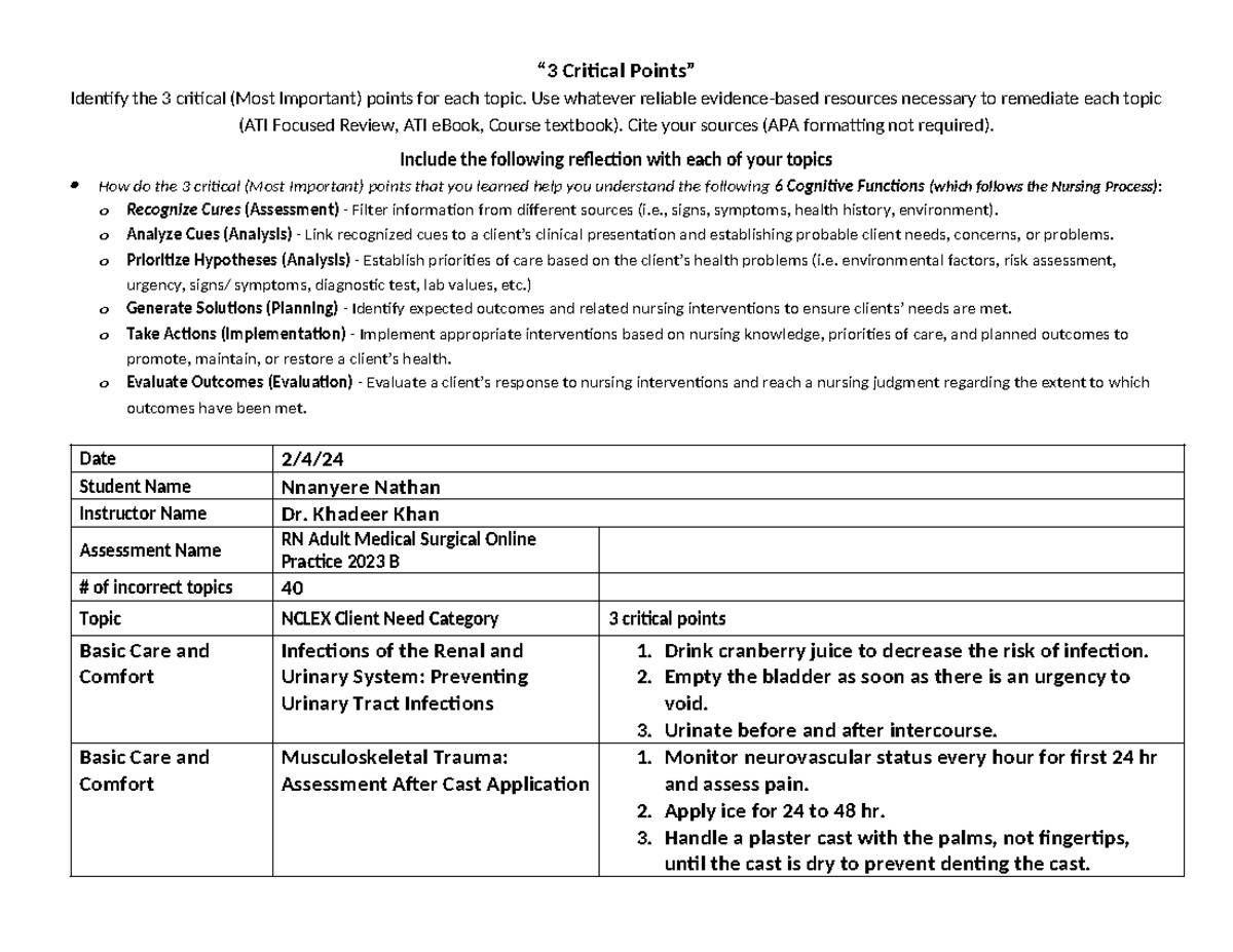 RN Adult Medical Surgical Online Practice 2023 B - “3 Critical Points ...