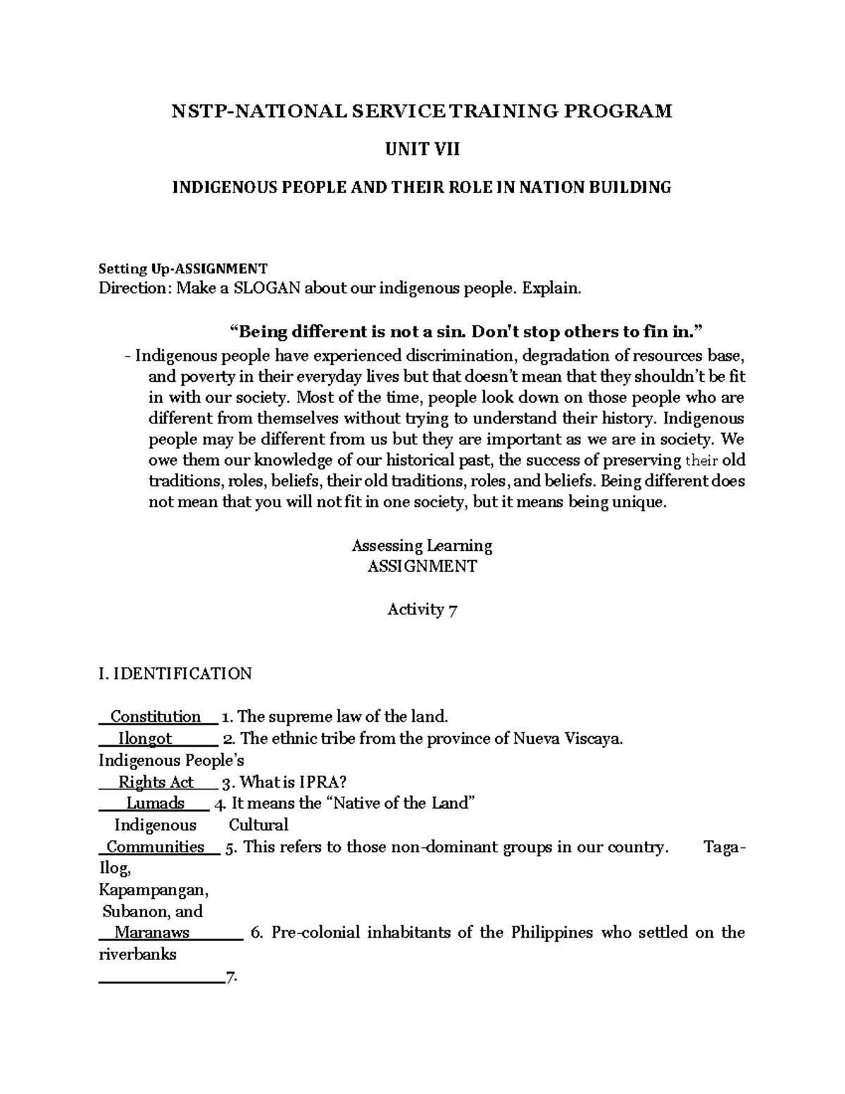 NSTP UNIT VII - NSTP-NATIONAL SERVICE TRAINING PROGRAM UNIT VII ...