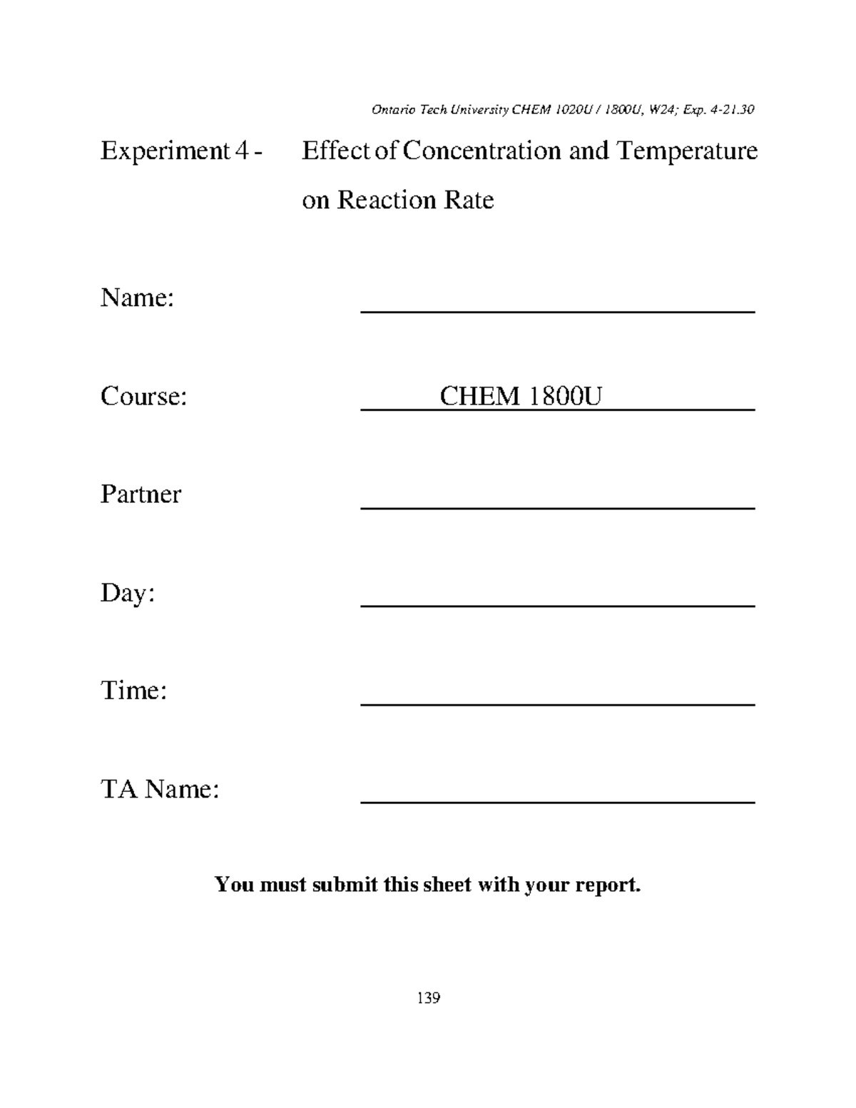 CHEM 1800 lab 4 - Lab 4 - Experiment 4 - Effect of Concentration and ...