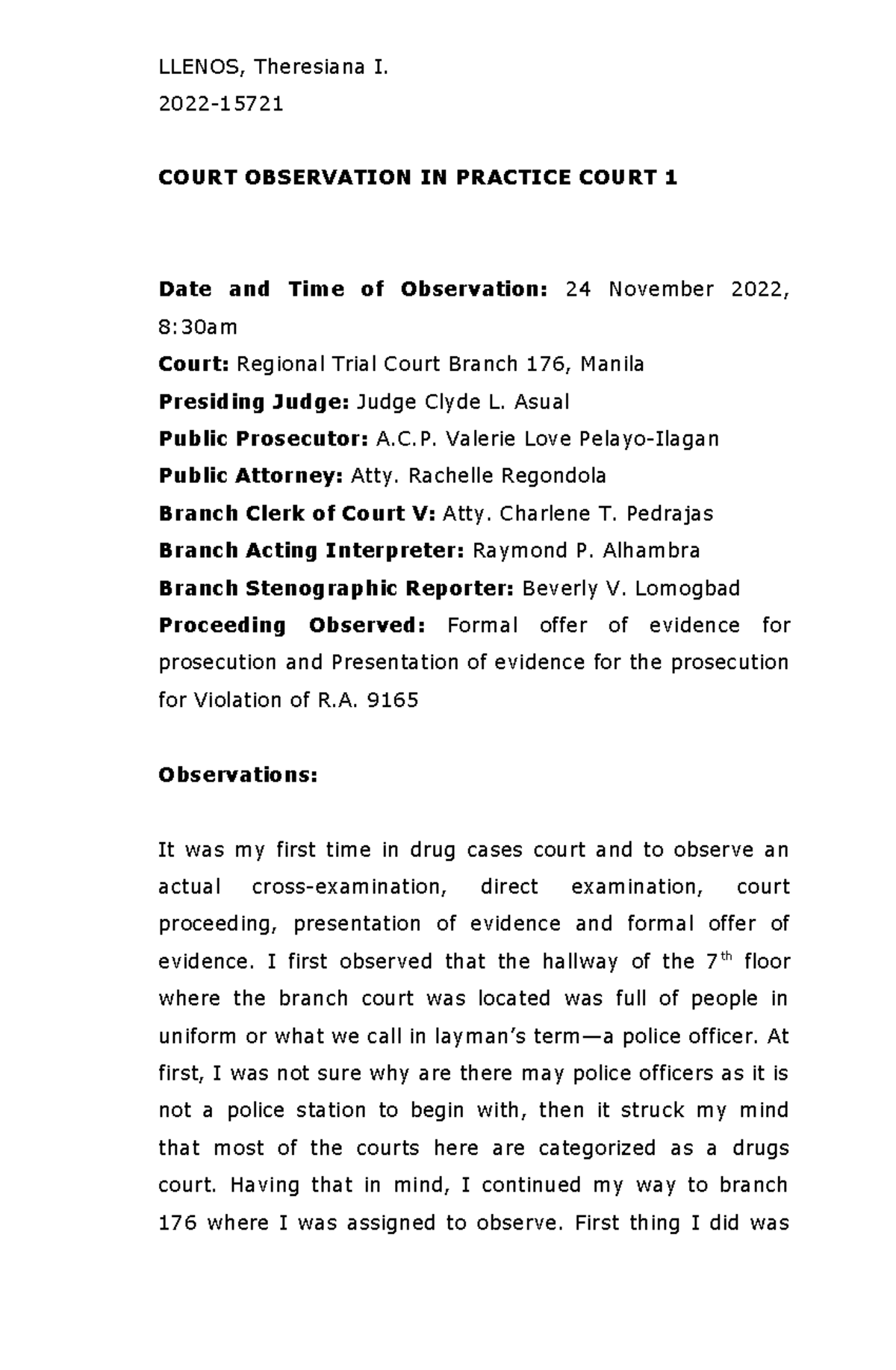 Court Observation Llenos, Theresiana I. - LLENOS, Theresiana I. 2022 ...