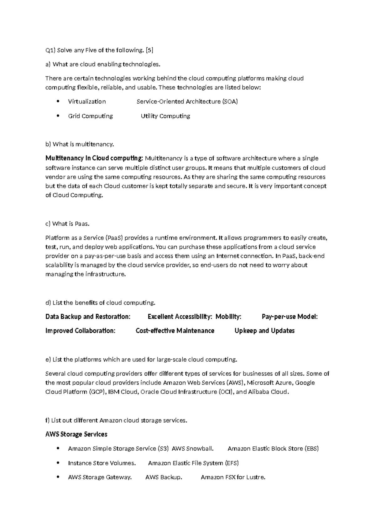 CC paper - Ques ans - Q1) Solve any Five of the following. [5] a) What are cloud enabling - Studocu