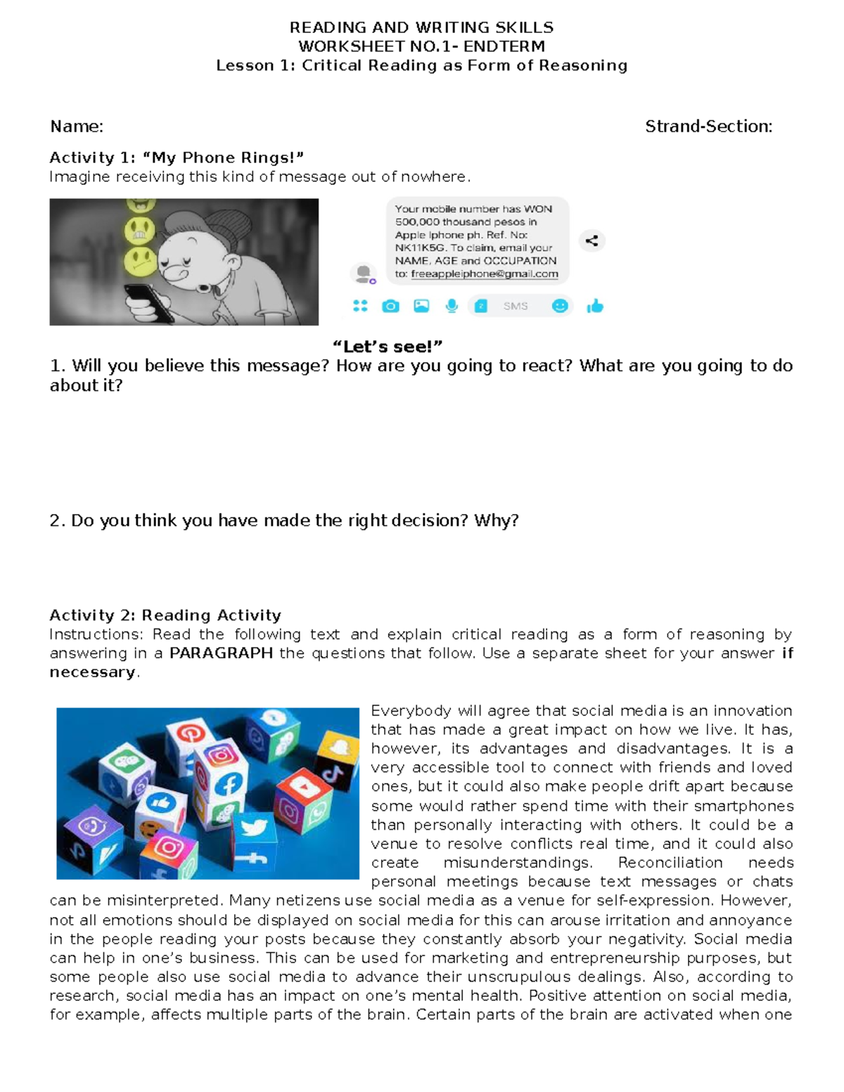 Worksheet-1 Q4 - hello - READING AND WRITING SKILLS WORKSHEET NO ...