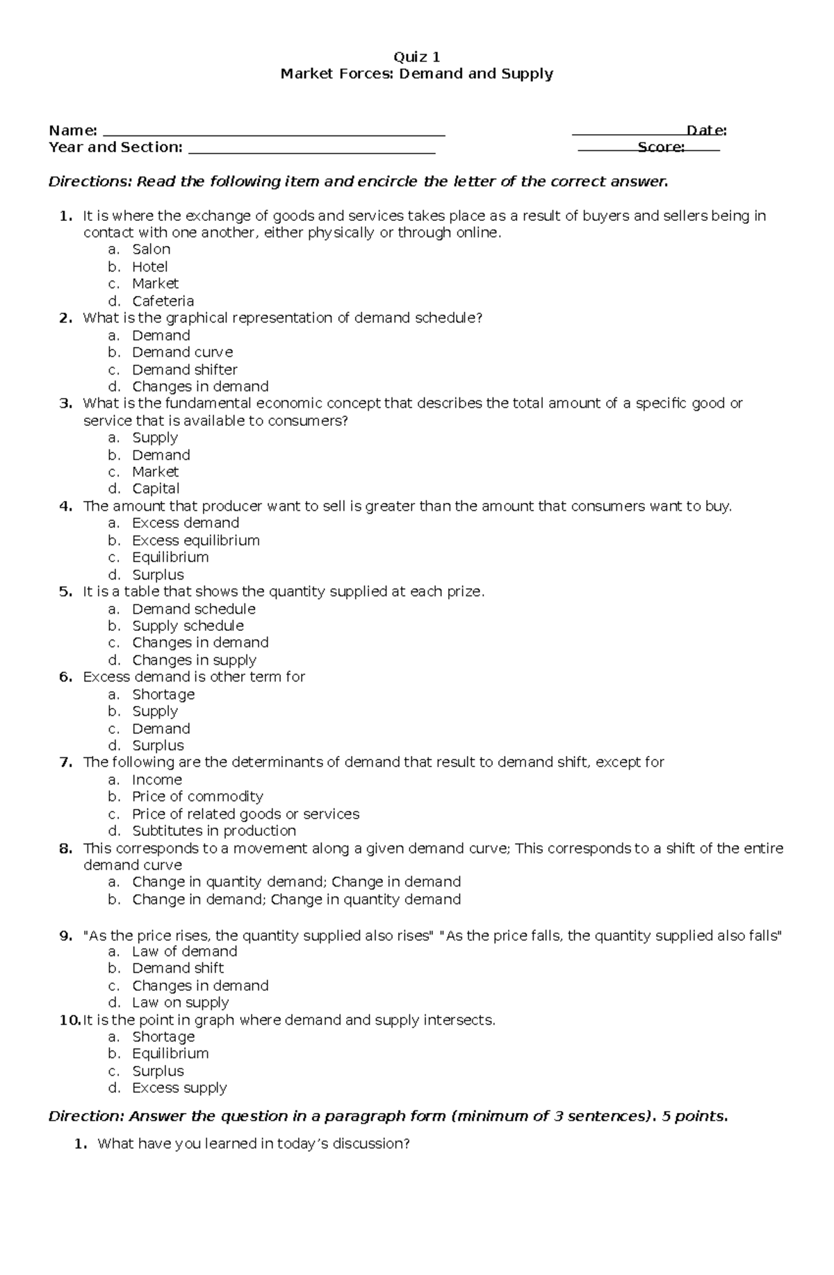 Quiz in Market Forces - Hoping na makatulong! - Quiz 1 Market Forces ...