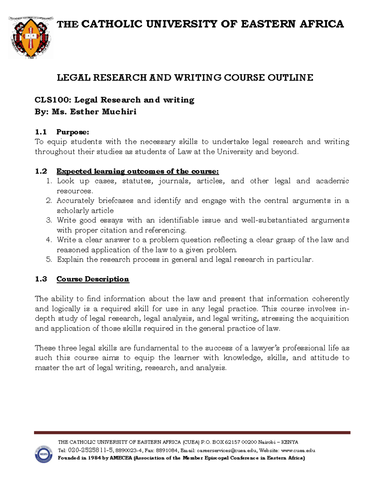 Course Outline - legal research and writing (CLS 100) - THE CATHOLIC ...