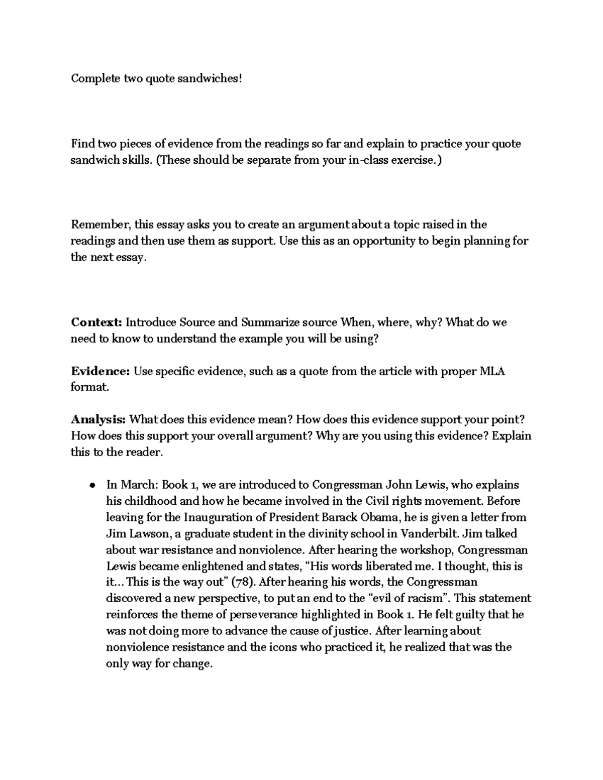 Essay 2, Exercise 2 Quote Sandwich - Complete two quote sandwiches ...