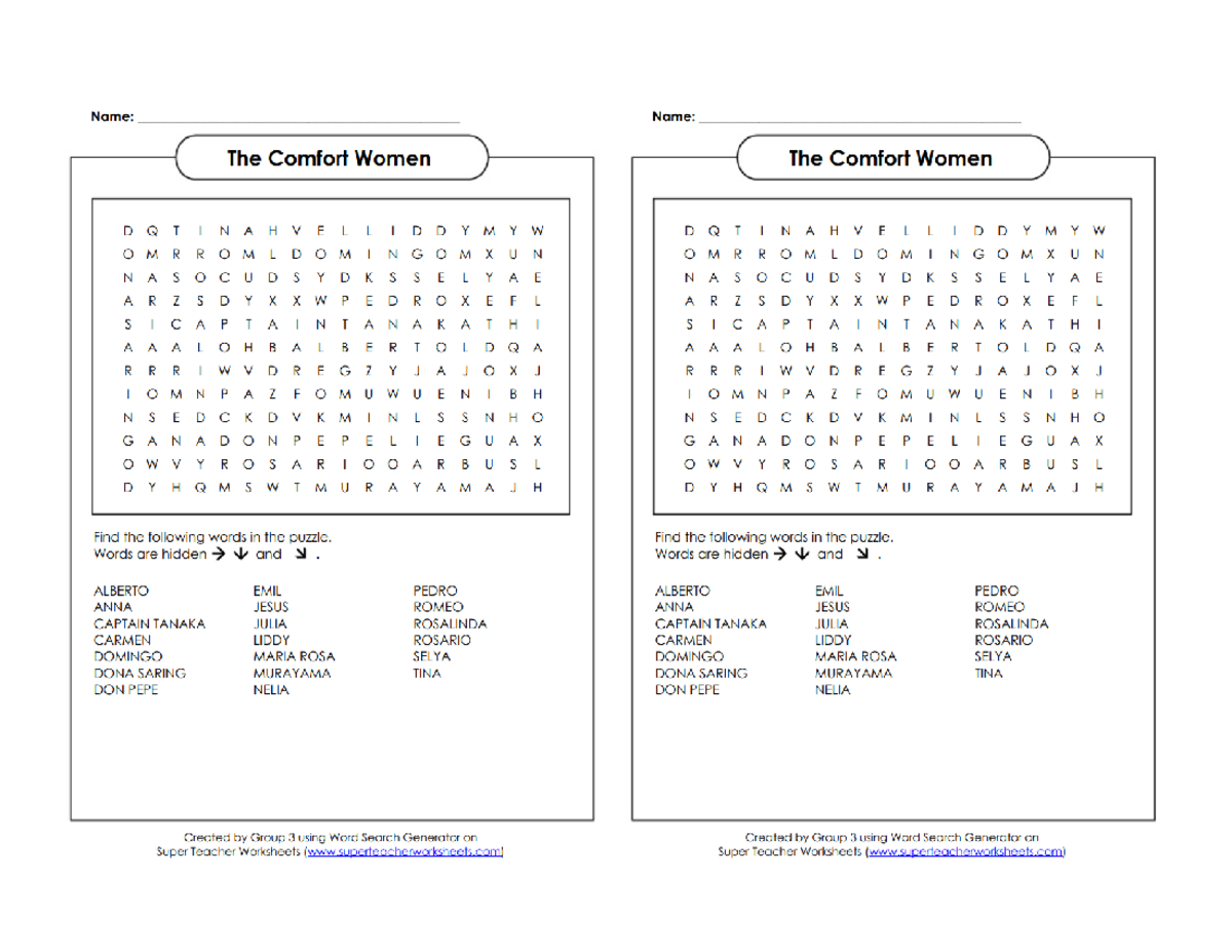 Word Puzzle 1 - Name: Name: The Comfort Women The Comfort Women ...