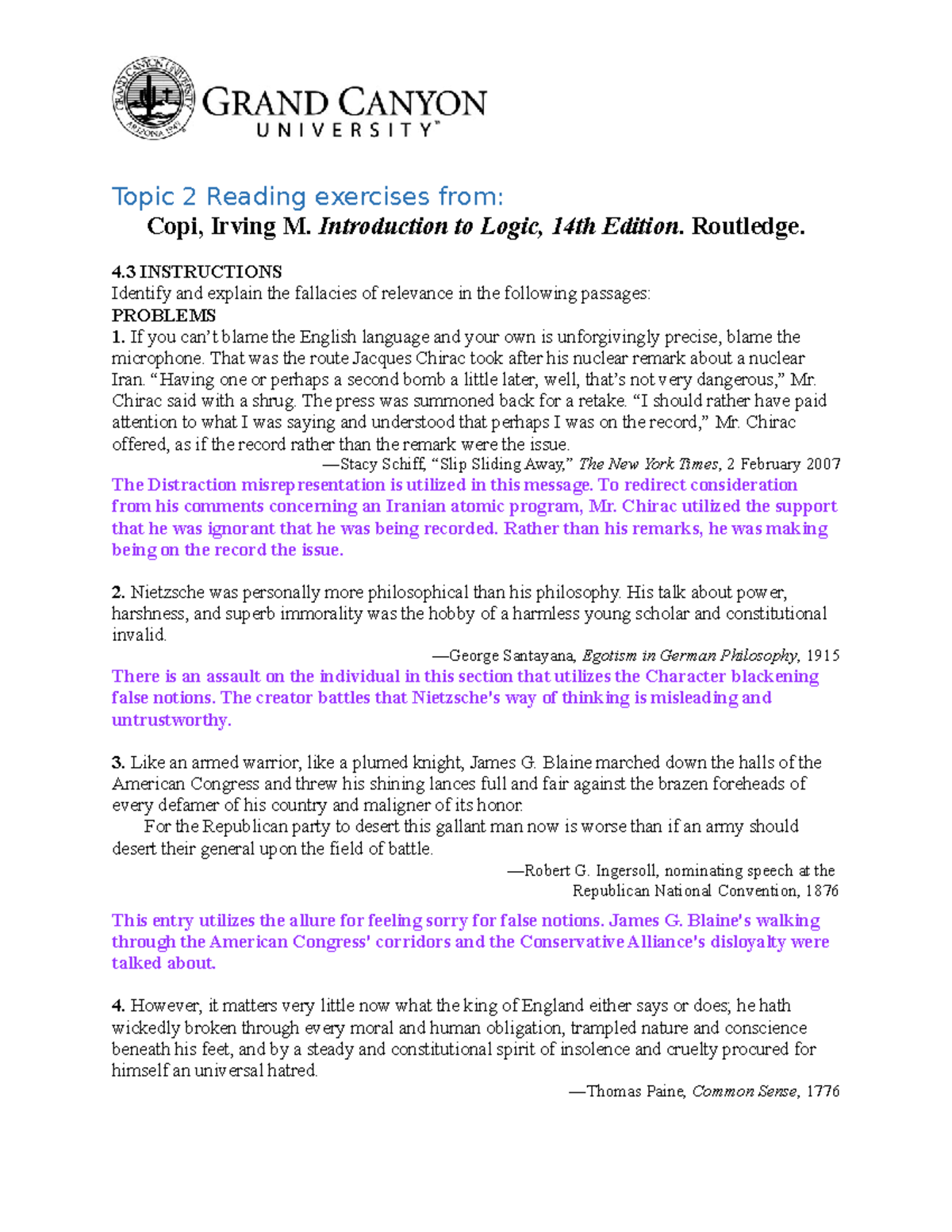 COM-362 T2 reading exercises (DONE) - Topic 2 Reading exercises from: Copi, Irving M ...