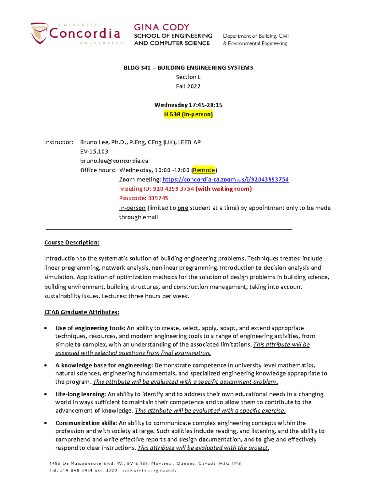 BLDG341 course outline - BLDG 341 – BUILDING ENGINEERING SYSTEMS ...