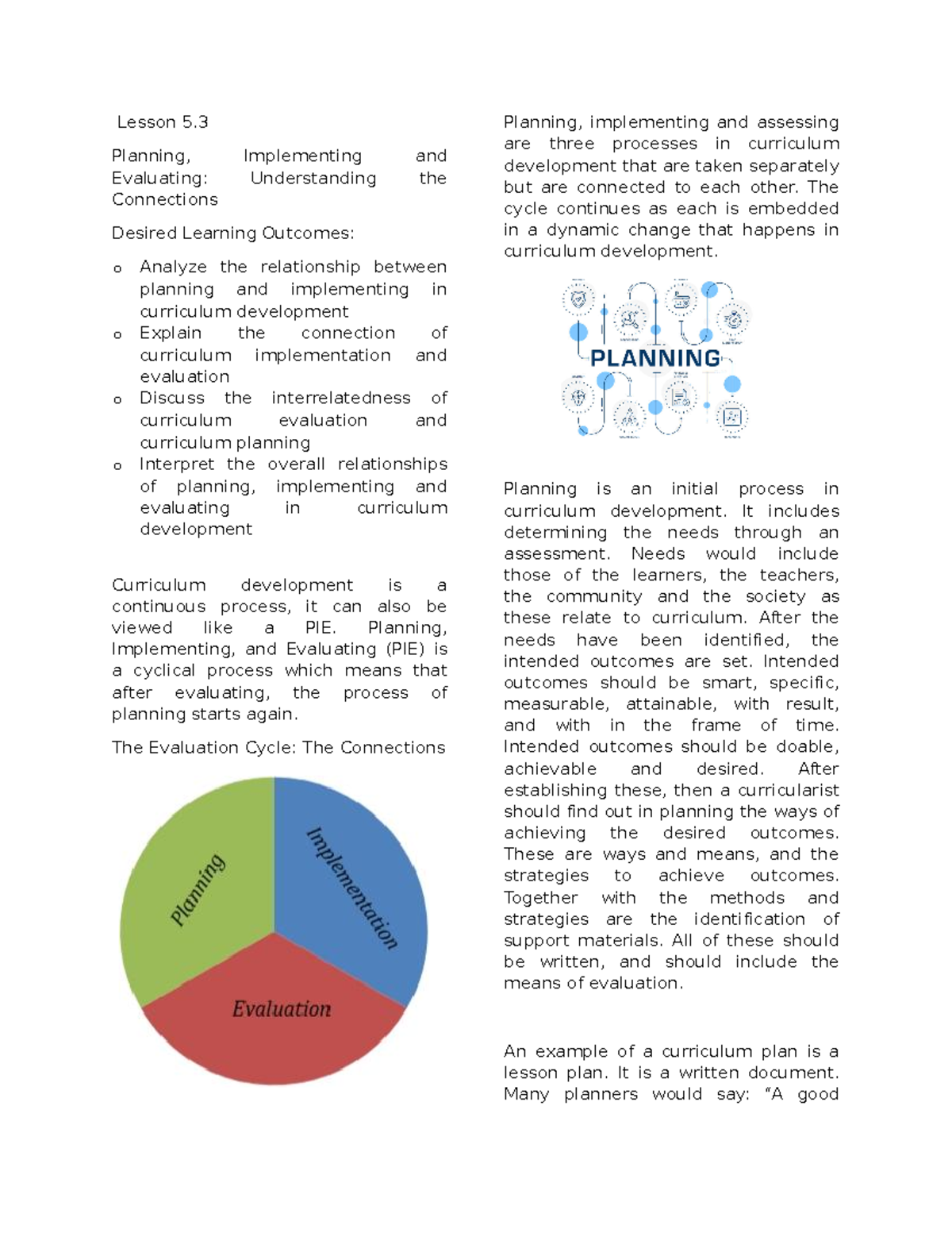 Curriculum Development handouts - Lesson 5. Planning, Implementing and ...