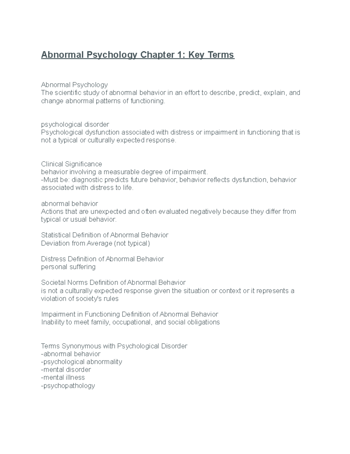 Abnormal Psychology Chapter 1 key terms - Abnormal Psychology Chapter 1 ...