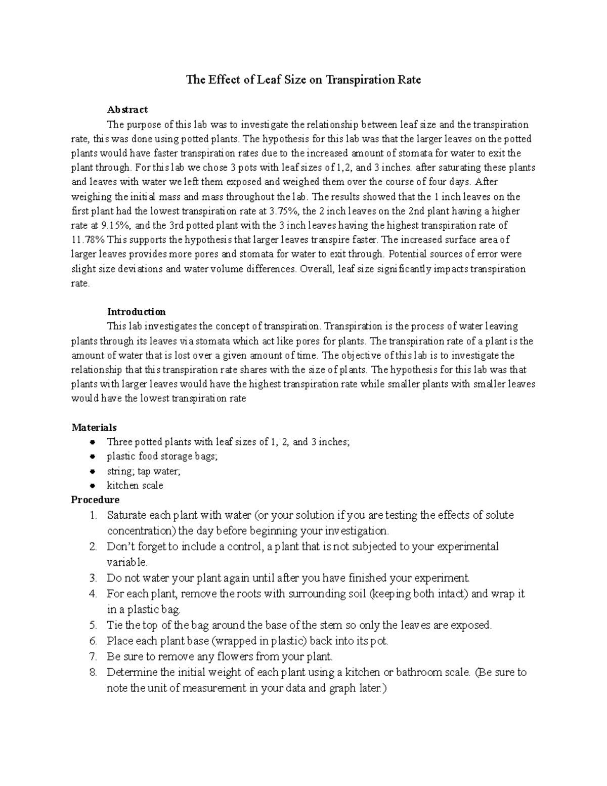 02.07 Mechanism of Transport Transpiration Lab Report - The Effect of ...